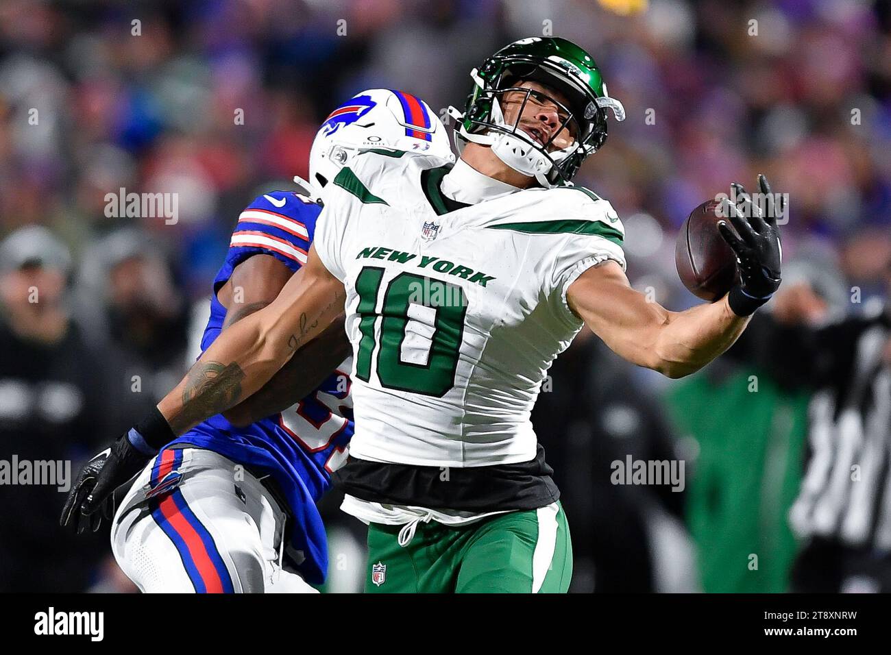 New York Jets wide receiver Allen Lazard makes a catch while defended ...
