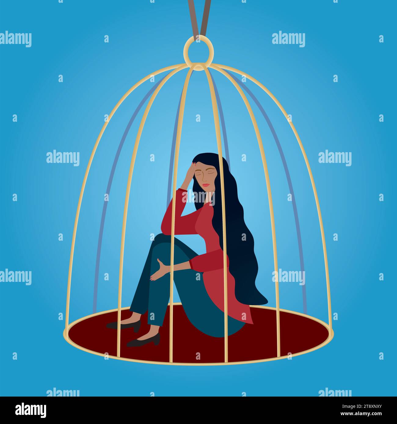 Sad woman, girl trapped in birdcage. Square composition. Vector ...