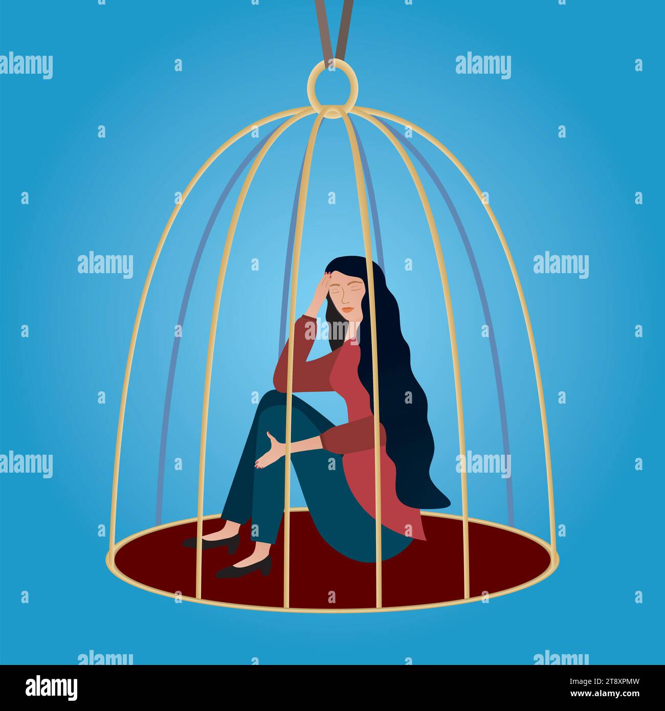Sad woman, girl trapped in birdcage. Square composition. Vector ...