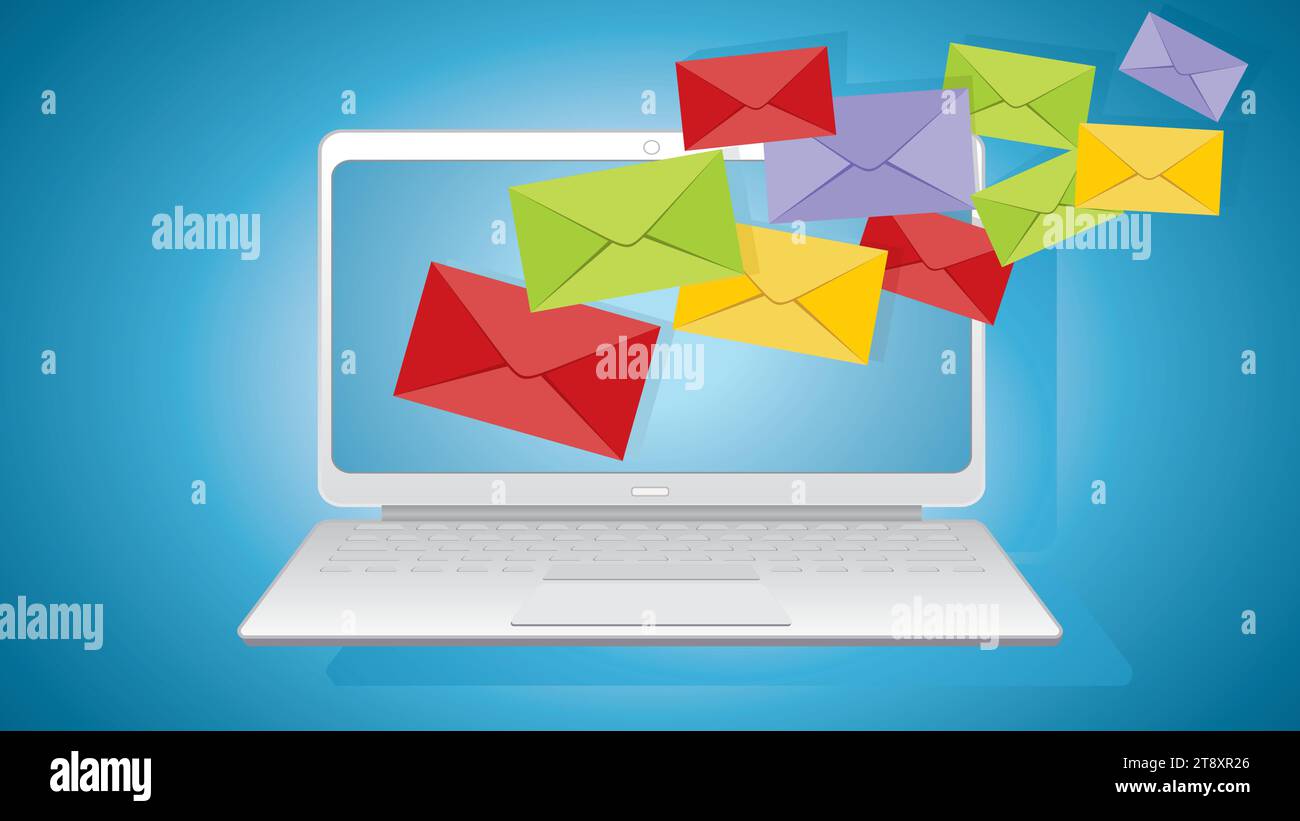 Lots of email coming in or out from laptop. Dimension 16:9. Vector ...