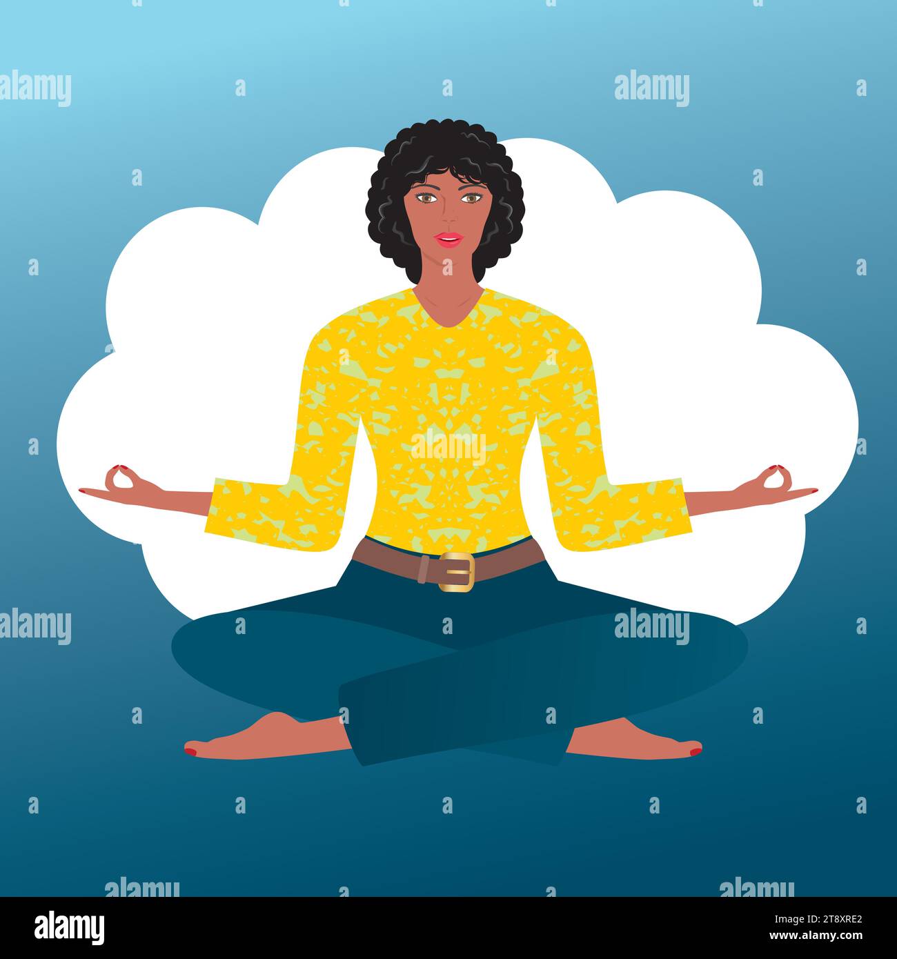 Woman in yoga position trying to relax on her own cloud. Square ...