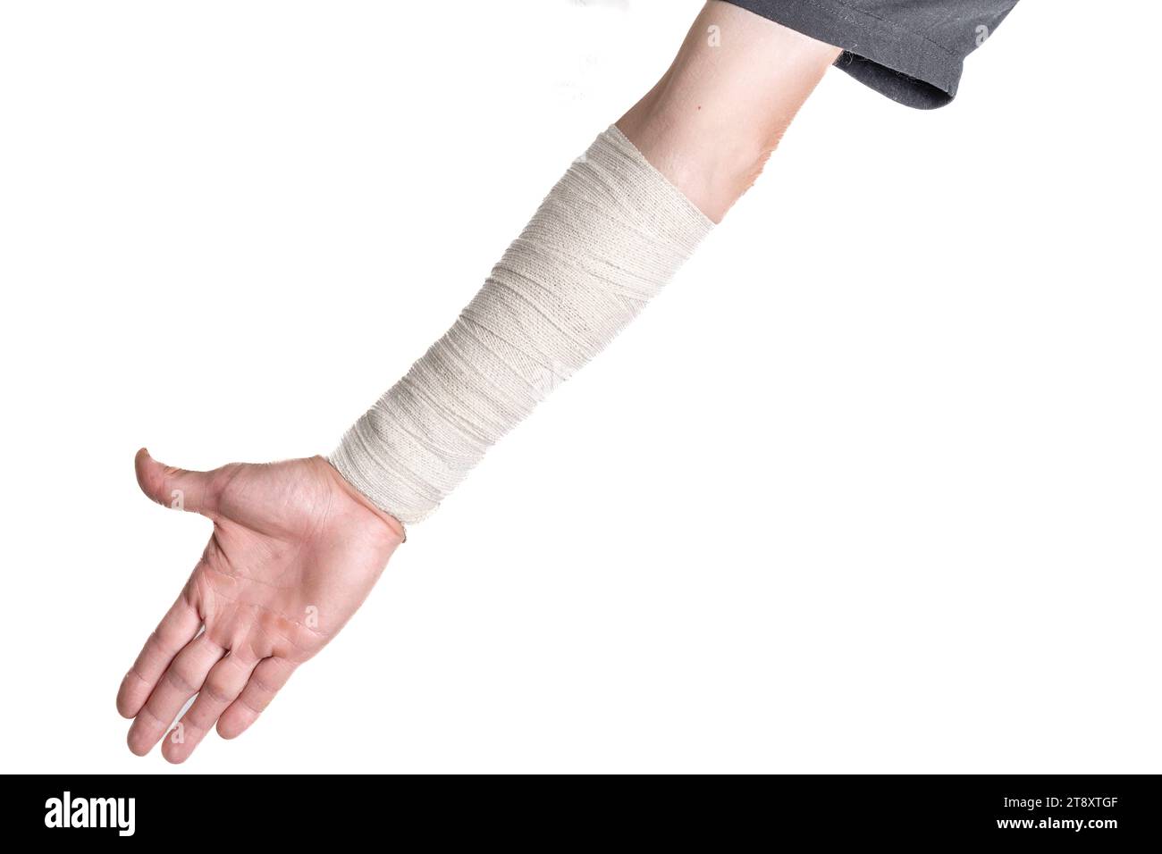 Bandage male arm with red palm and white wall indoor background Stock ...