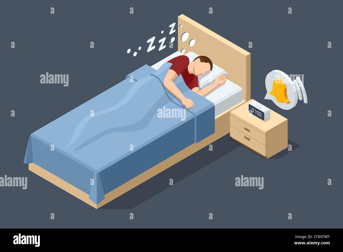 Isometric man sleeping in bed at night. Tiredness and exhaustion ...