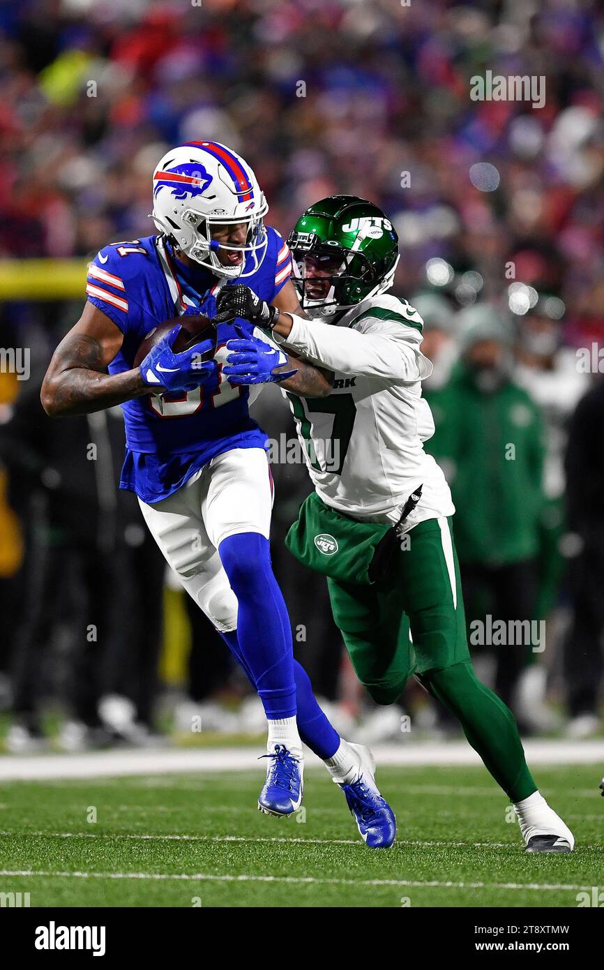 Buffalo Bills cornerback Rasul Douglas, left, intercepts a ball ...
