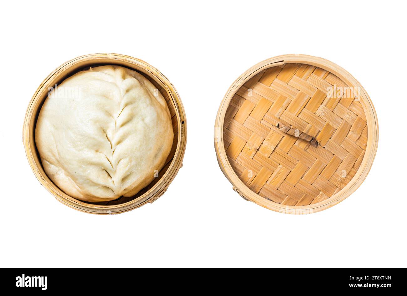 Pyanse steamed bun in a Bamboo steamer, korean street food. Isolated ...