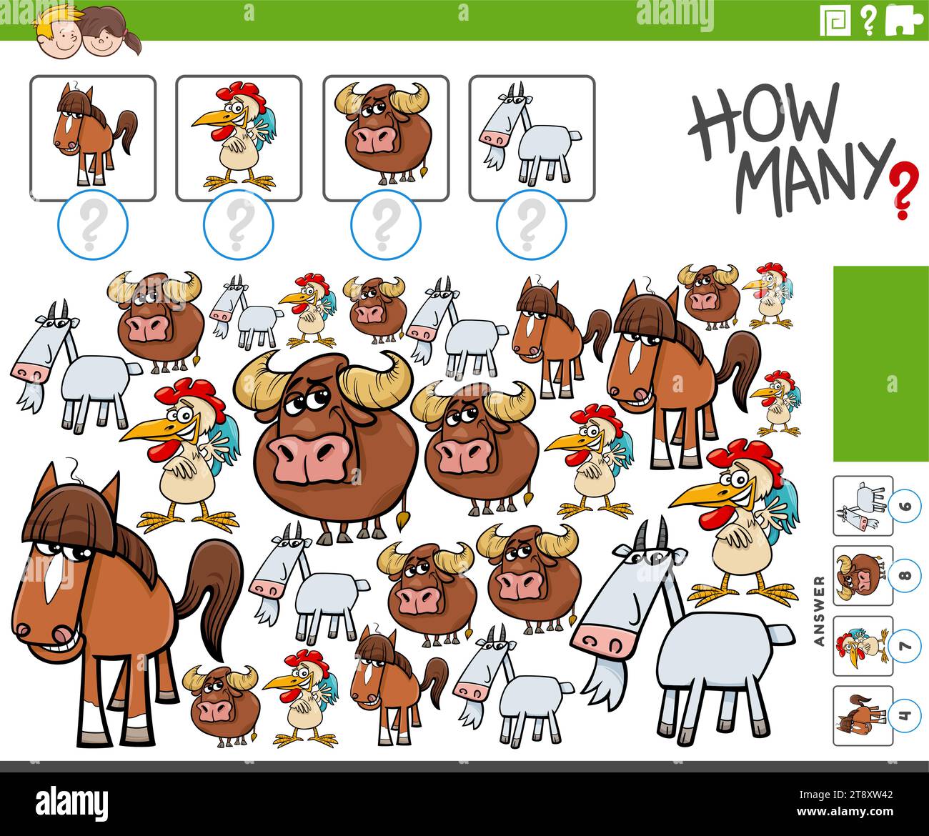 Cartoon illustration of educational counting game with comic farm animal characters Stock Vector ...
