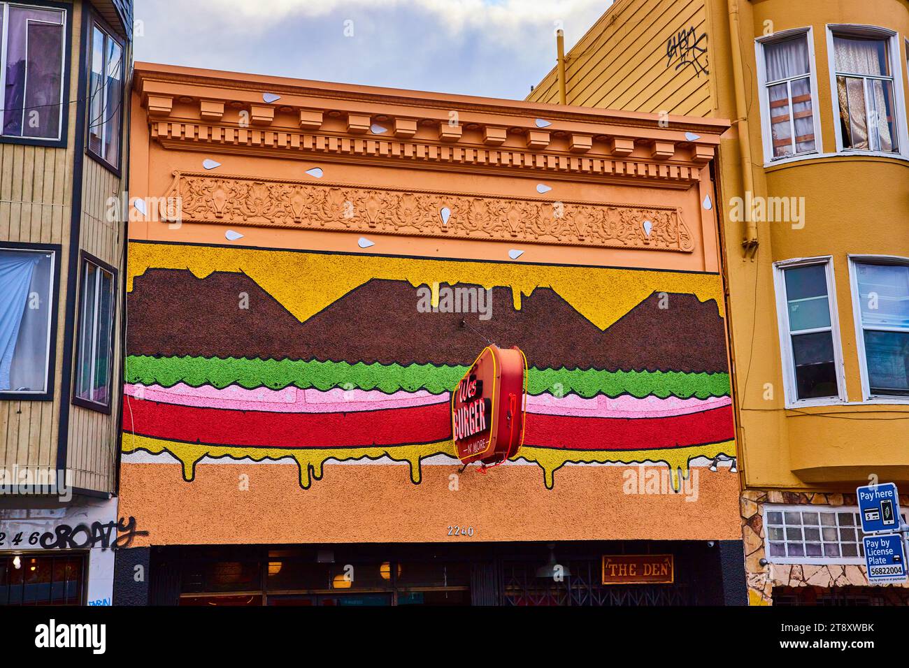 Burger abstract art mural on side of restaurant building, San Francisco ...