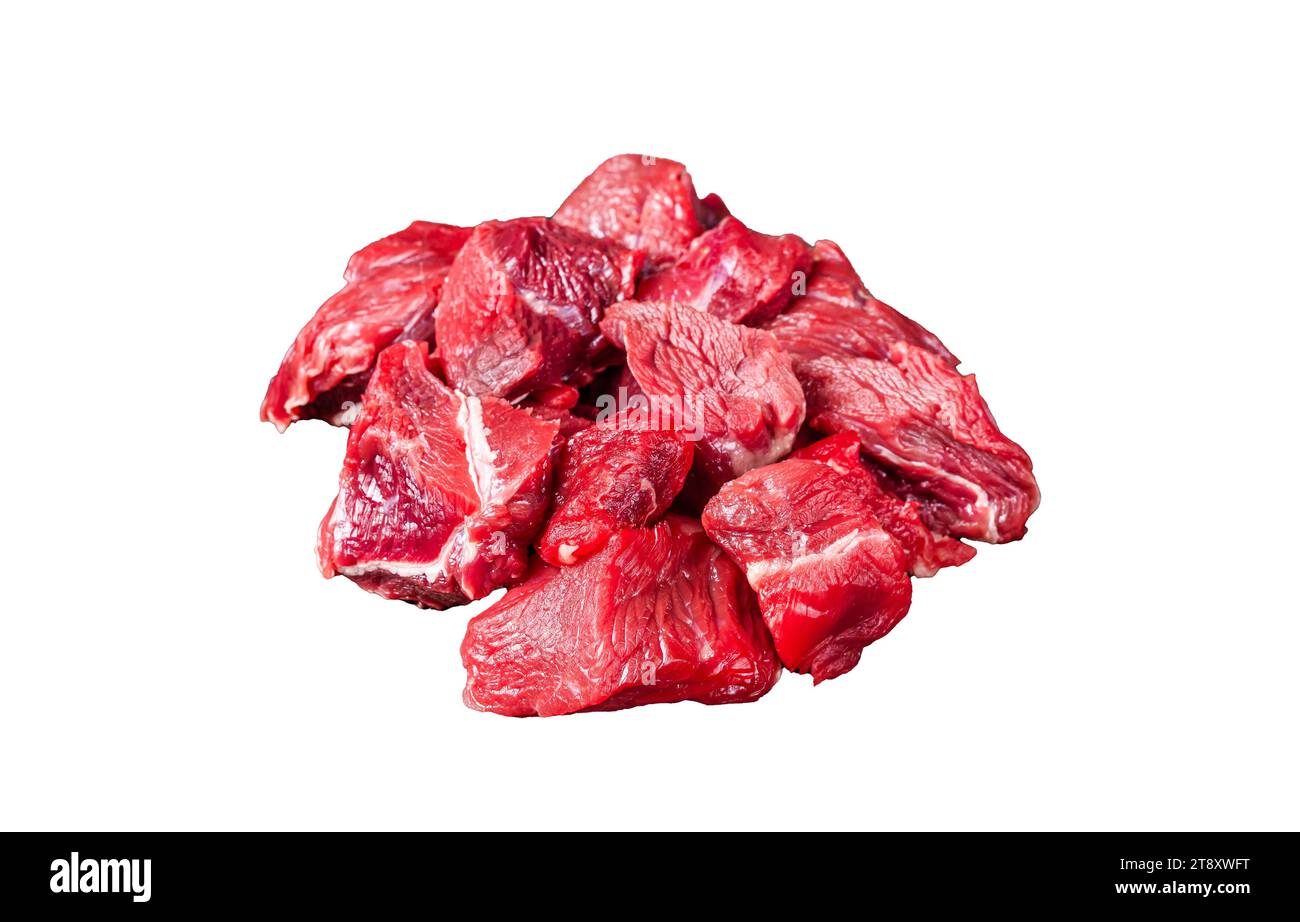 Pieces of raw diced beef fillet meat. Isolated, white background Stock ...