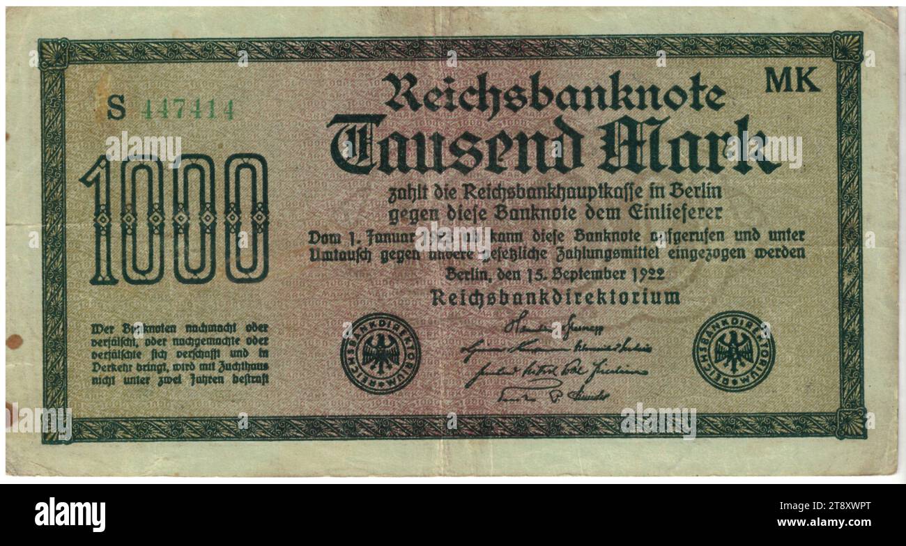 Reichsbanknote, 1000 Mark, (Deutsche) Reichsbank, mint authority, 15.09 ...