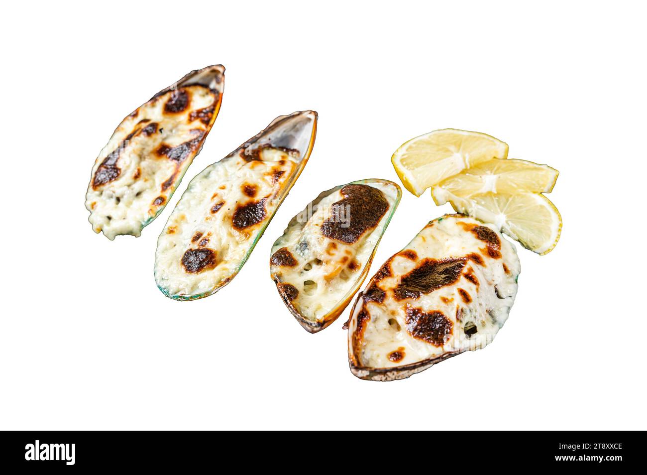 Baked mussels with cheese and lemon in shells. Isolated, white ...