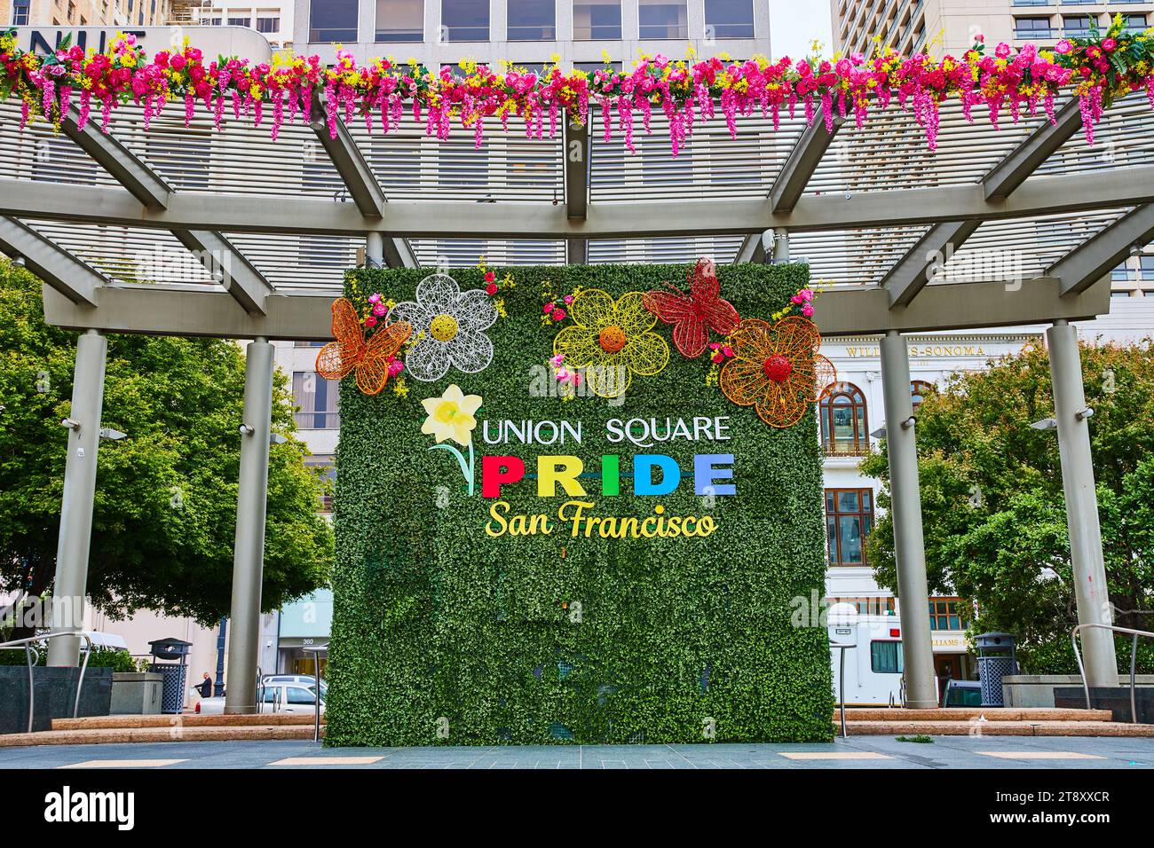 Union Square Pride San Francisco wall front view with flowers over ...