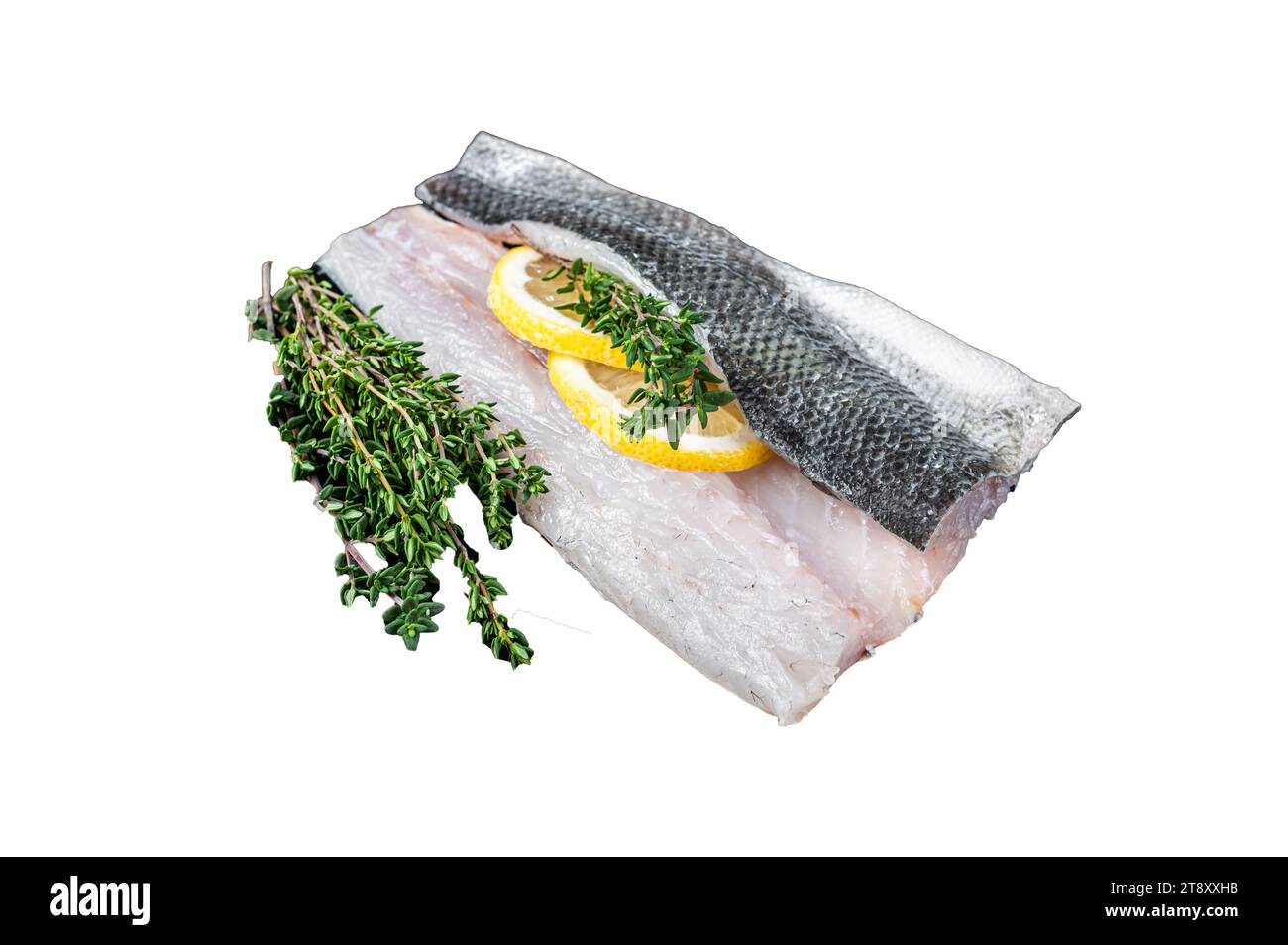 Sea Bass fillets, Raw Seabass fish with thyme, pink salt and lemon on ...