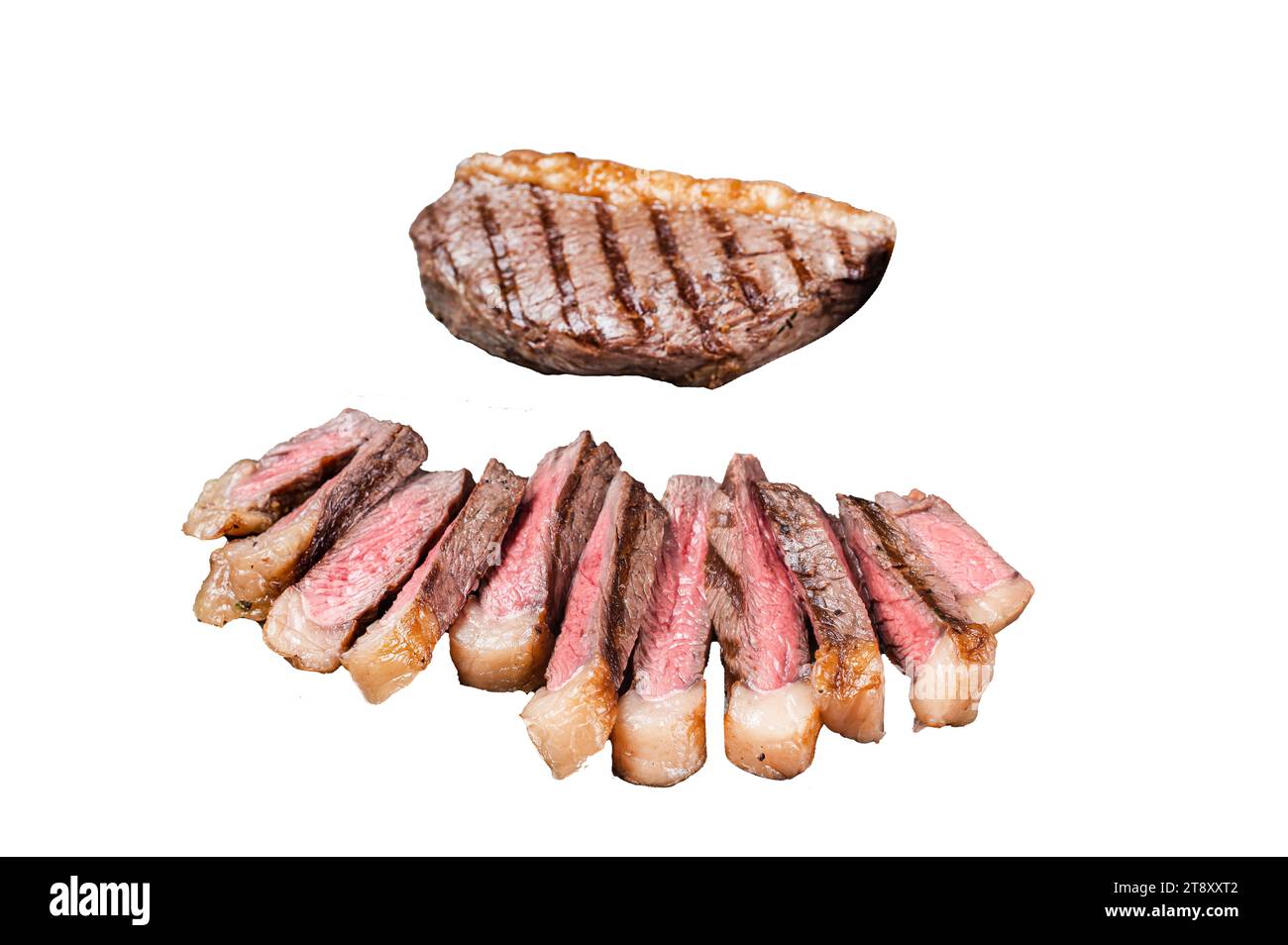 Fried and sliced Top sirloin steak, Grilled cup rump beef meat steak on ...