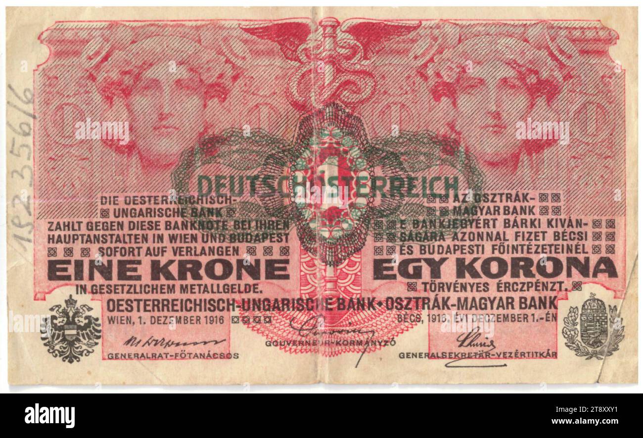 Banknote, 1 crown, Alois Hans Schram (1864-1919), artist, Rudolf ...