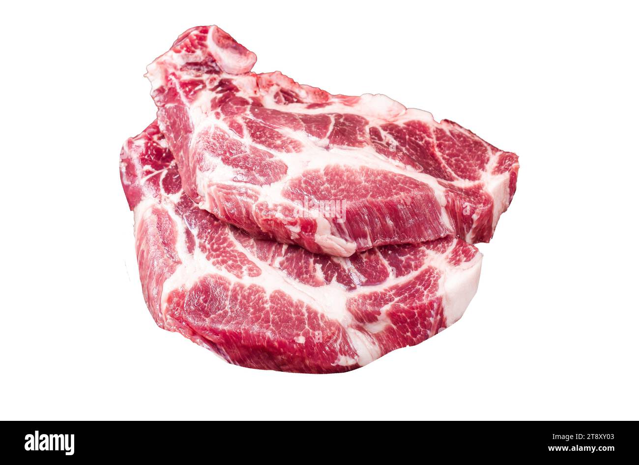 Raw pork cutlet chops for grill BBQ with pink pepper. Isolated, white ...