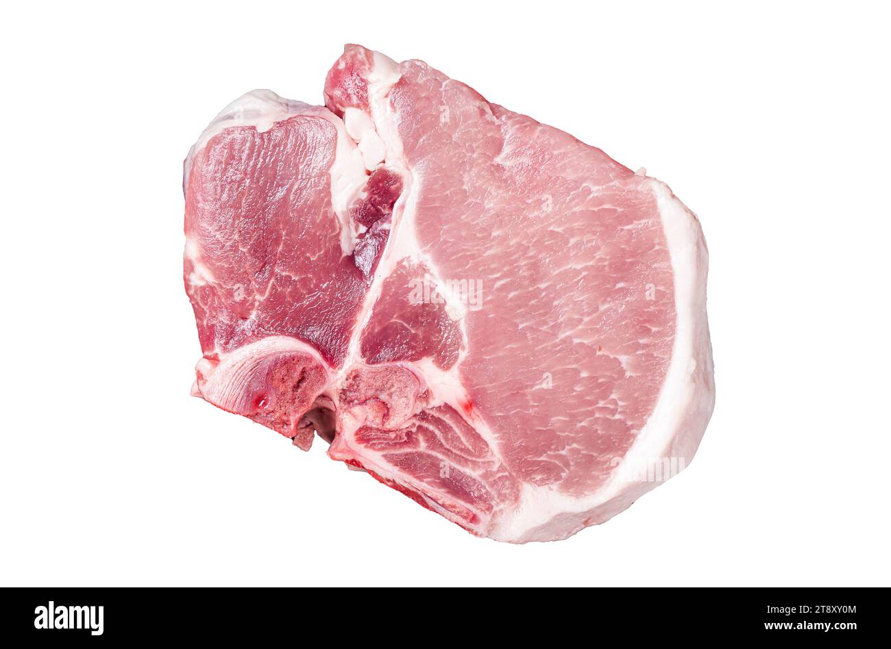 Uncooked Raw pork T bone chop meat steak on grill. Isolated, white ...