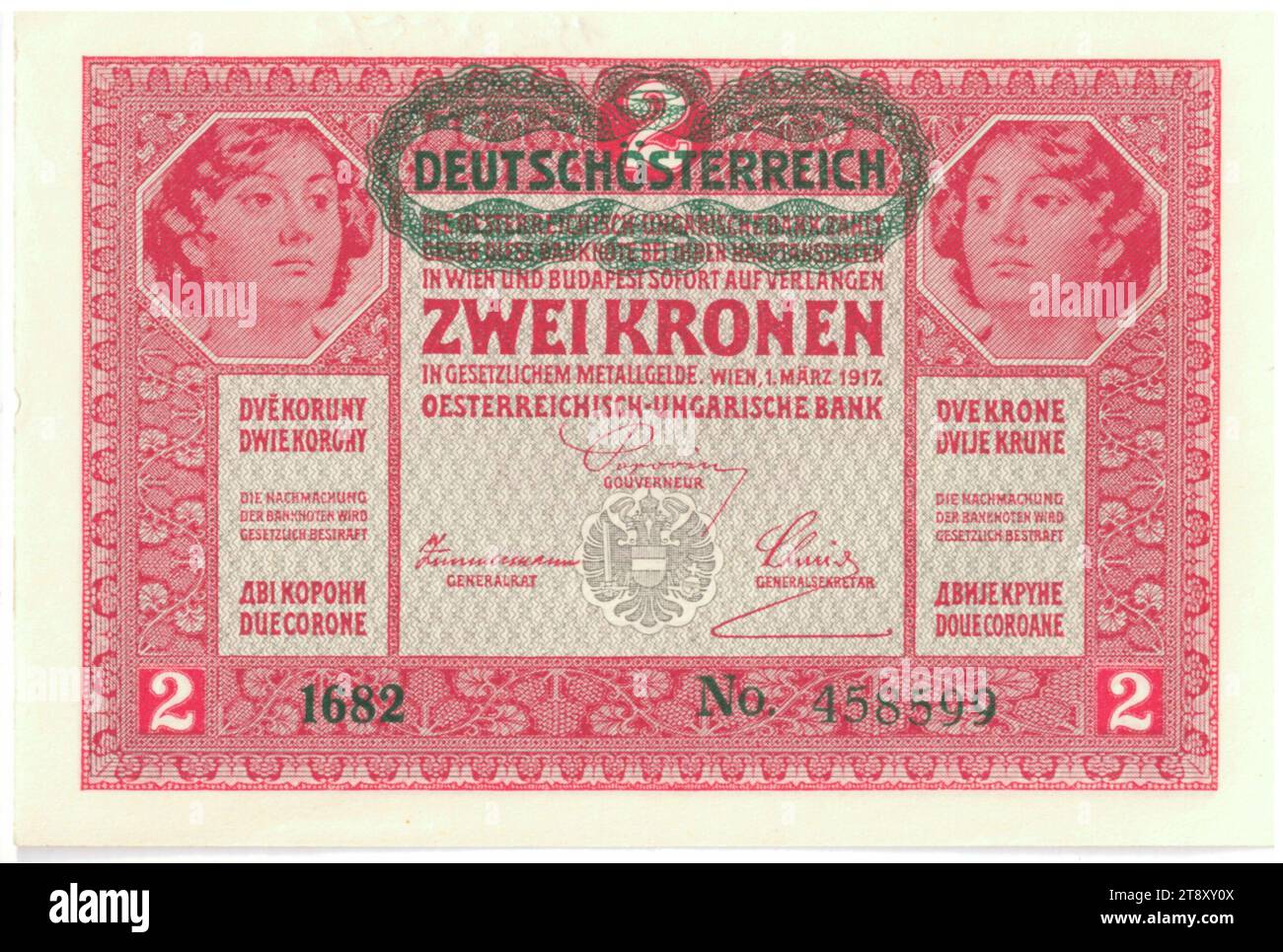 Banknote, 2 Crowns, Alois Hans Schram (1864-1919), Artist, Rudolf ...