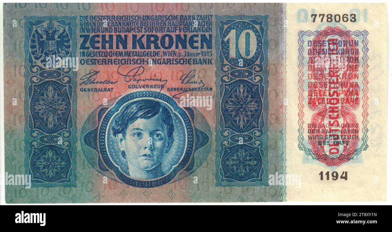 Banknote, 10 Crowns, Austro-Hungarian Bank, mint authority, Josef ...