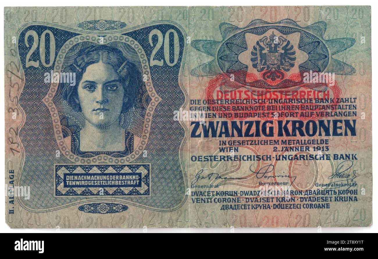 Banknote, 20 Crowns, Austro-Hungarian Bank, mint authority, Josef ...
