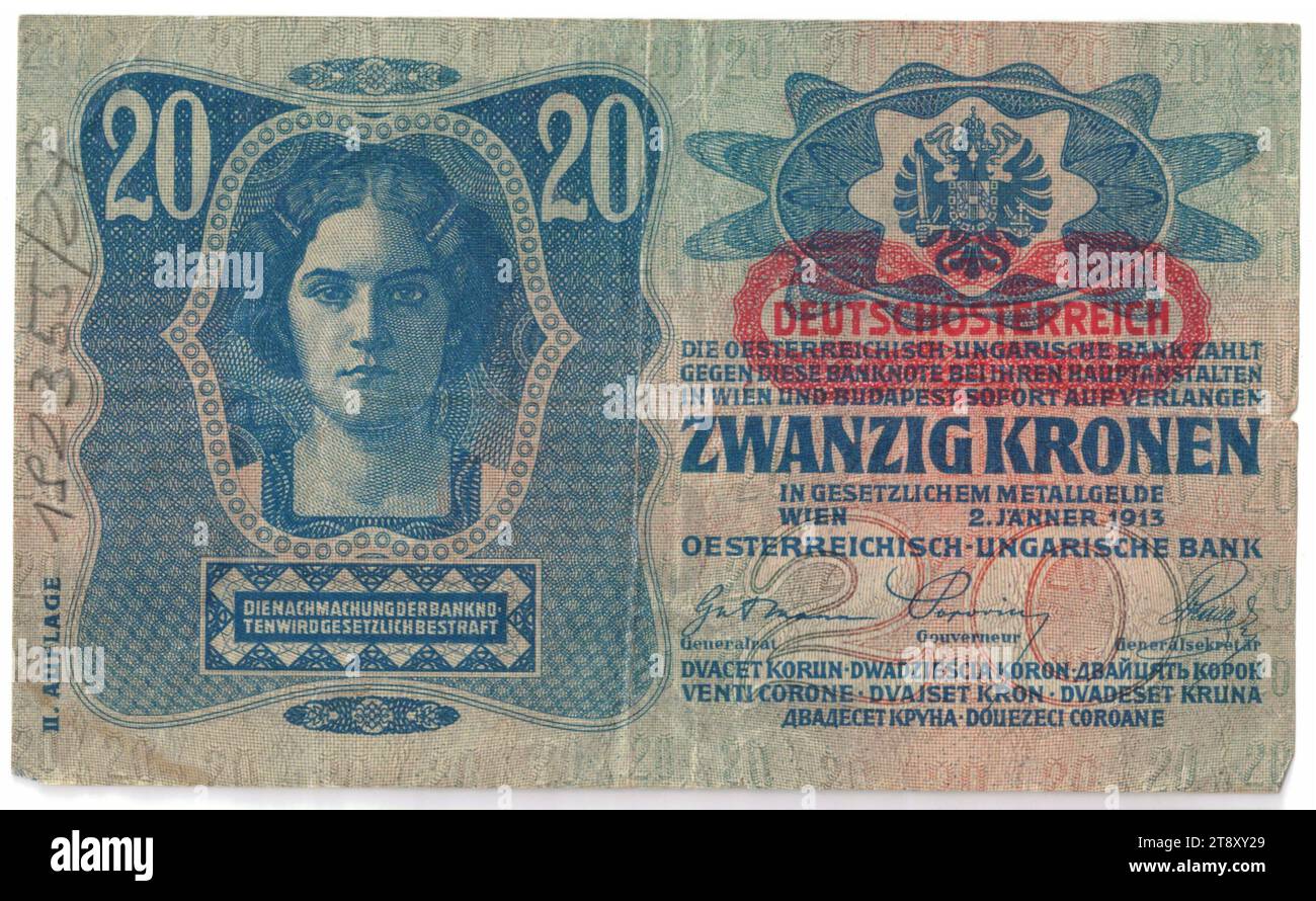 Banknote, 20 Crowns, Austro-Hungarian Bank, mint authority, Josef ...