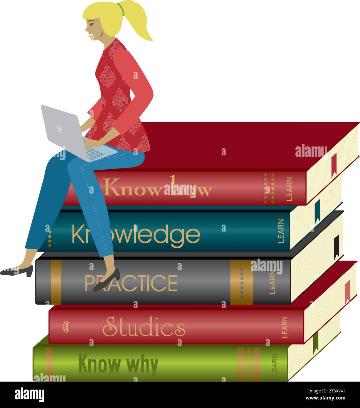 Woman with laptop sitting on a pile of books. Isolated. Vector ...