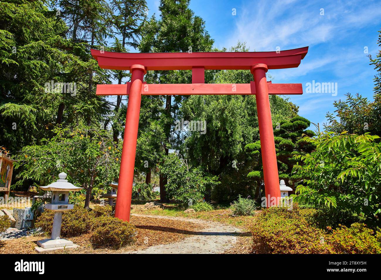 Red Torii Gate in Japanese Garden with stone lanterns lining path at ...