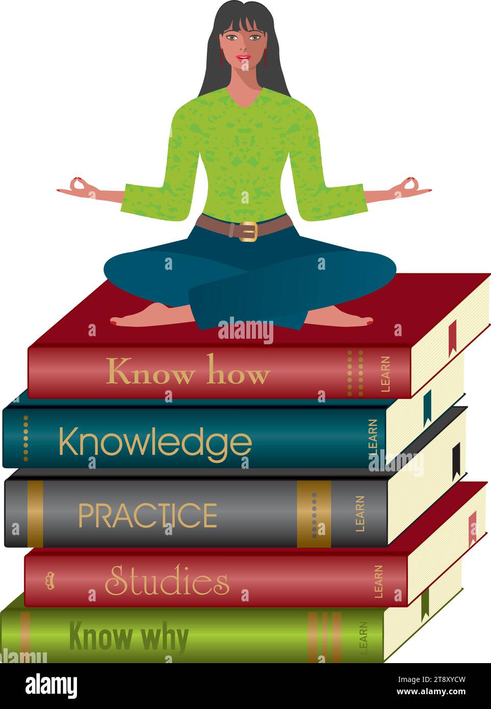 Woman in yoga position sitting on a pile of books. Isolated. Vector ...