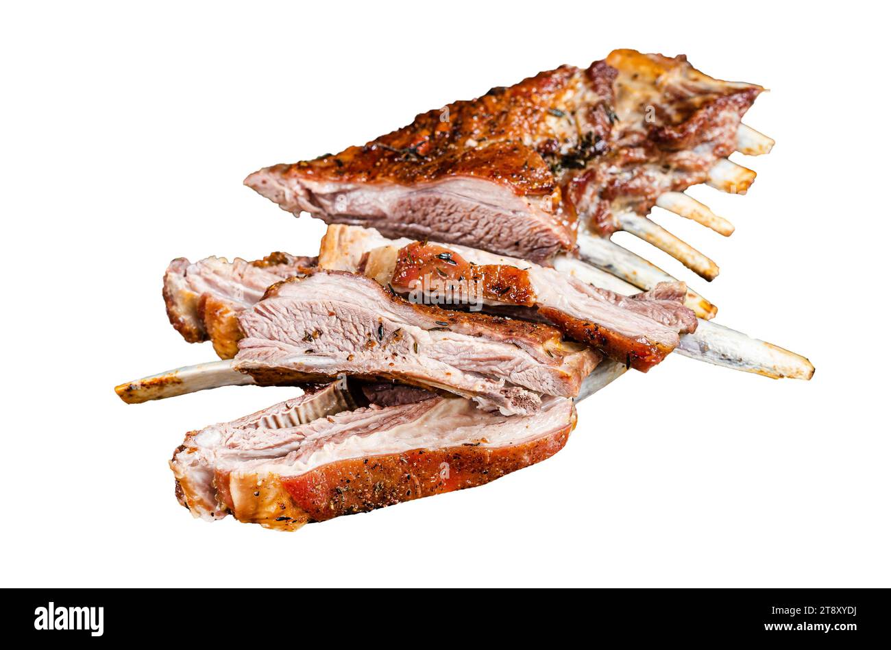 Roast lamb ribs, mutton spareribs, sliced meat on wooden board ...