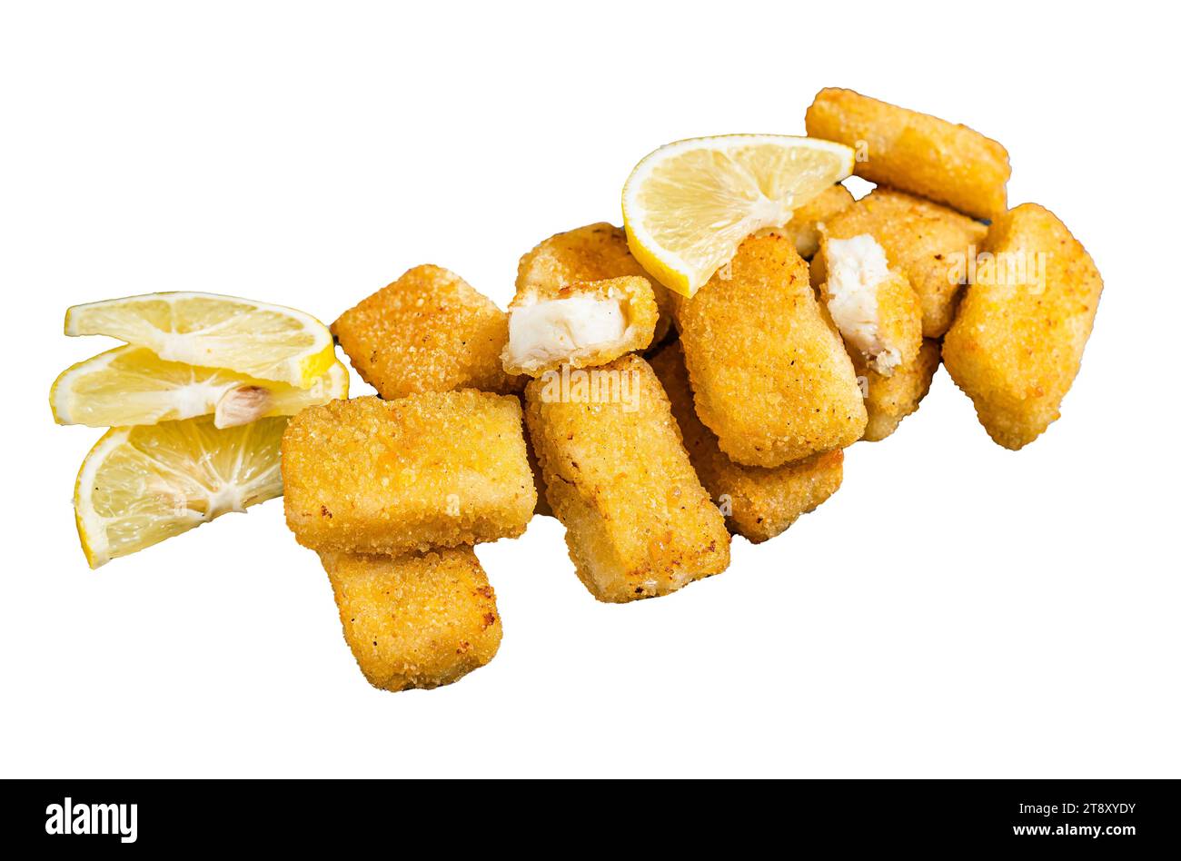 Golden roast Fish Sticks Fingers with sauce on a wooden board. Isolated ...