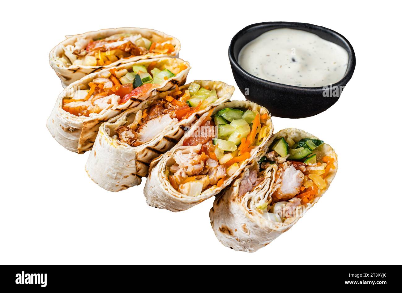 Chicken wrap roll, durum doner kebab with meat and vegetable salad ...