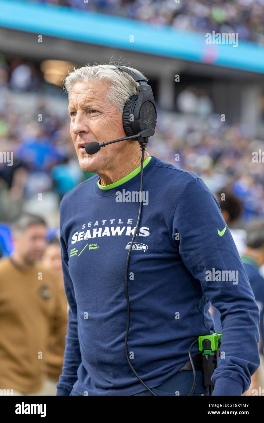 Seattle Seahawks head coach Pete Carroll coaches against the Los ...