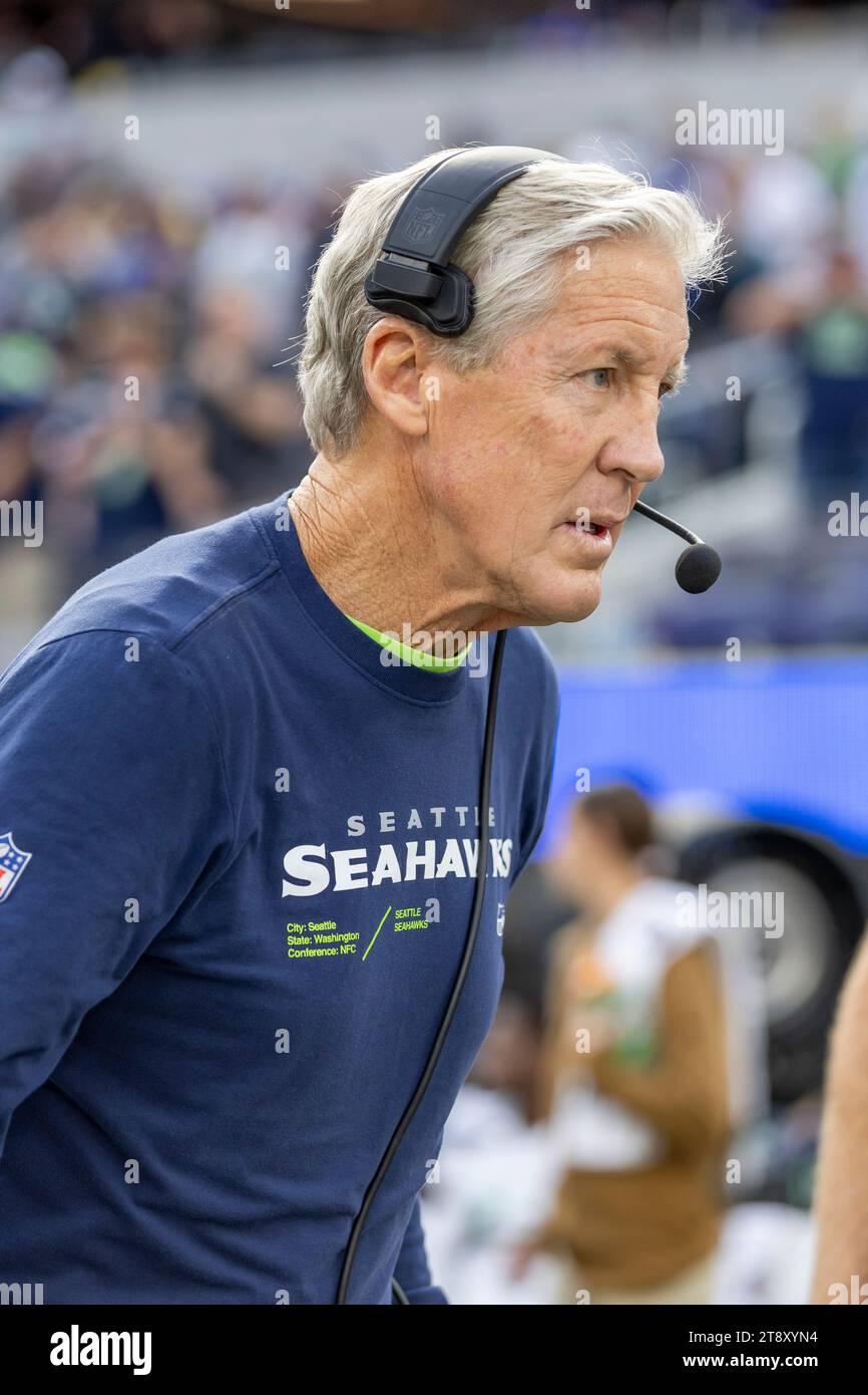 Seattle Seahawks head coach Pete Carroll coaches against the Los ...