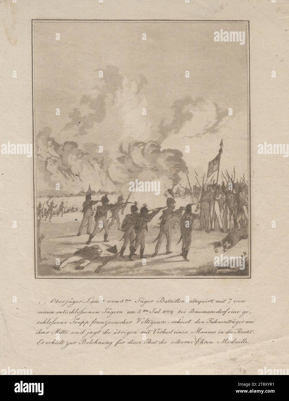 War scenes from 1809: Oberjäger Lauer attacks the French at Baumersdorf ...