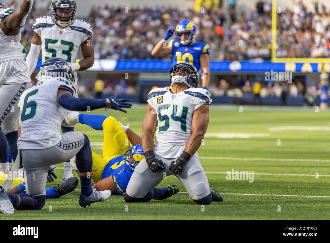 Seattle Seahawks linebacker Bobby Wagner (54) reacts after a tackle ...