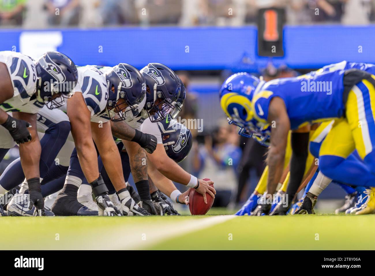The Seattle Seahawks line up against the Los Angeles Rams in an NFL ...