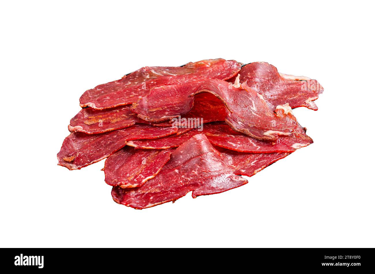 Dried sliced basturma, cured beef meat ready for eat. Isolated, white ...