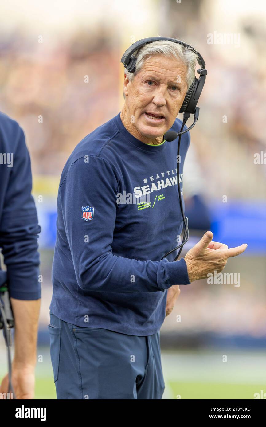 Seattle Seahawks head coach Pete Carroll coaches against the Los ...
