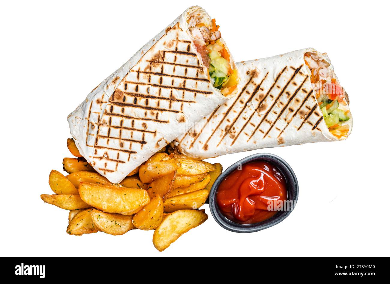 Durum doner kebab or Shawarma with meat, vegetable salad and french ...