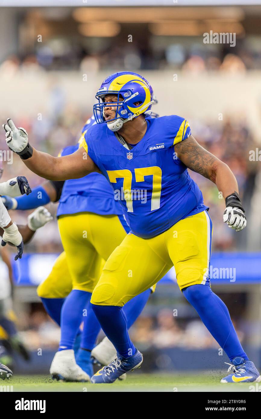 Los Angeles Rams offensive lineman Alaric Jackson (77) blocks against ...