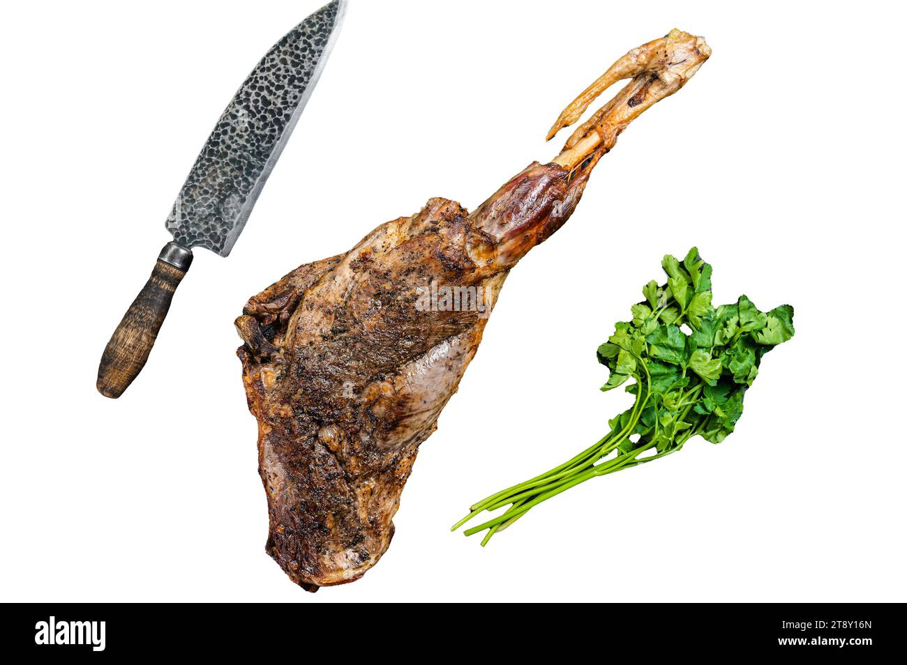BBQ Roasted lamb mutton leg with herbs and spices on a grill. Isolated ...