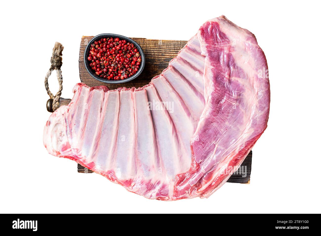 Raw rack of lamb mutton ribs on butcher board with spices. Isolated ...