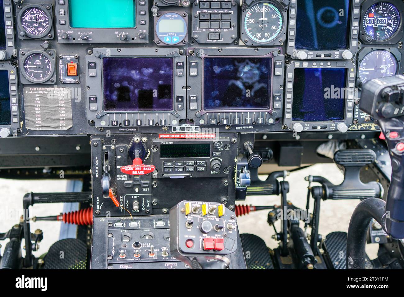 Interior view of helicopter Agusta cockpit with control pedals ...