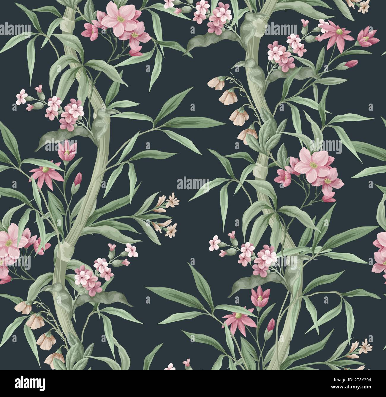 Seamless pattern with bamboo and pink flowers. Vector Stock Vector ...