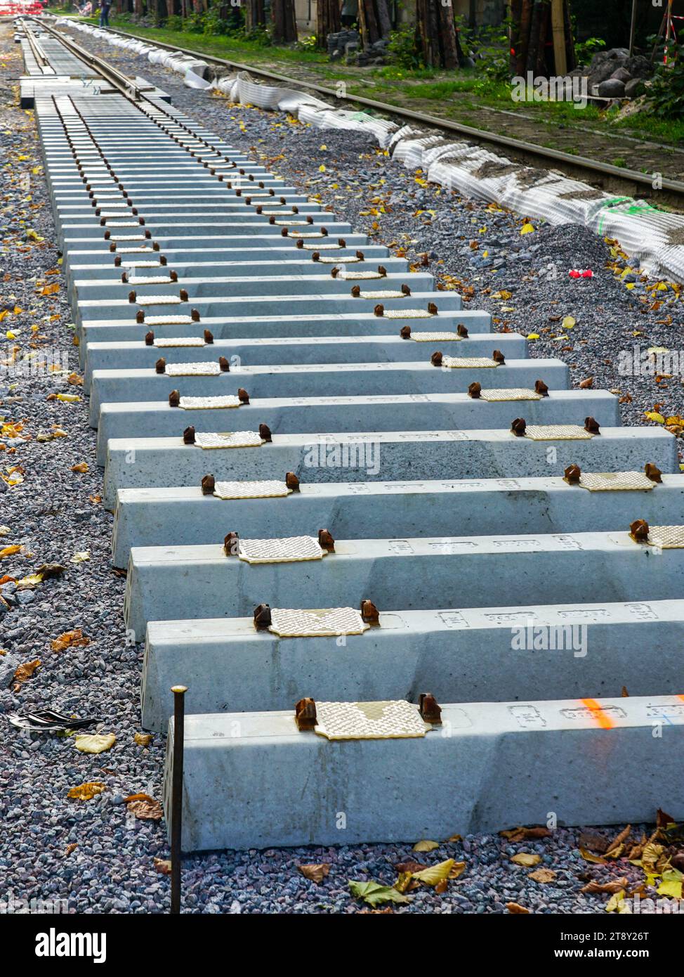 Laying new tram rails on new concrete sleepers with pads that reduces ...