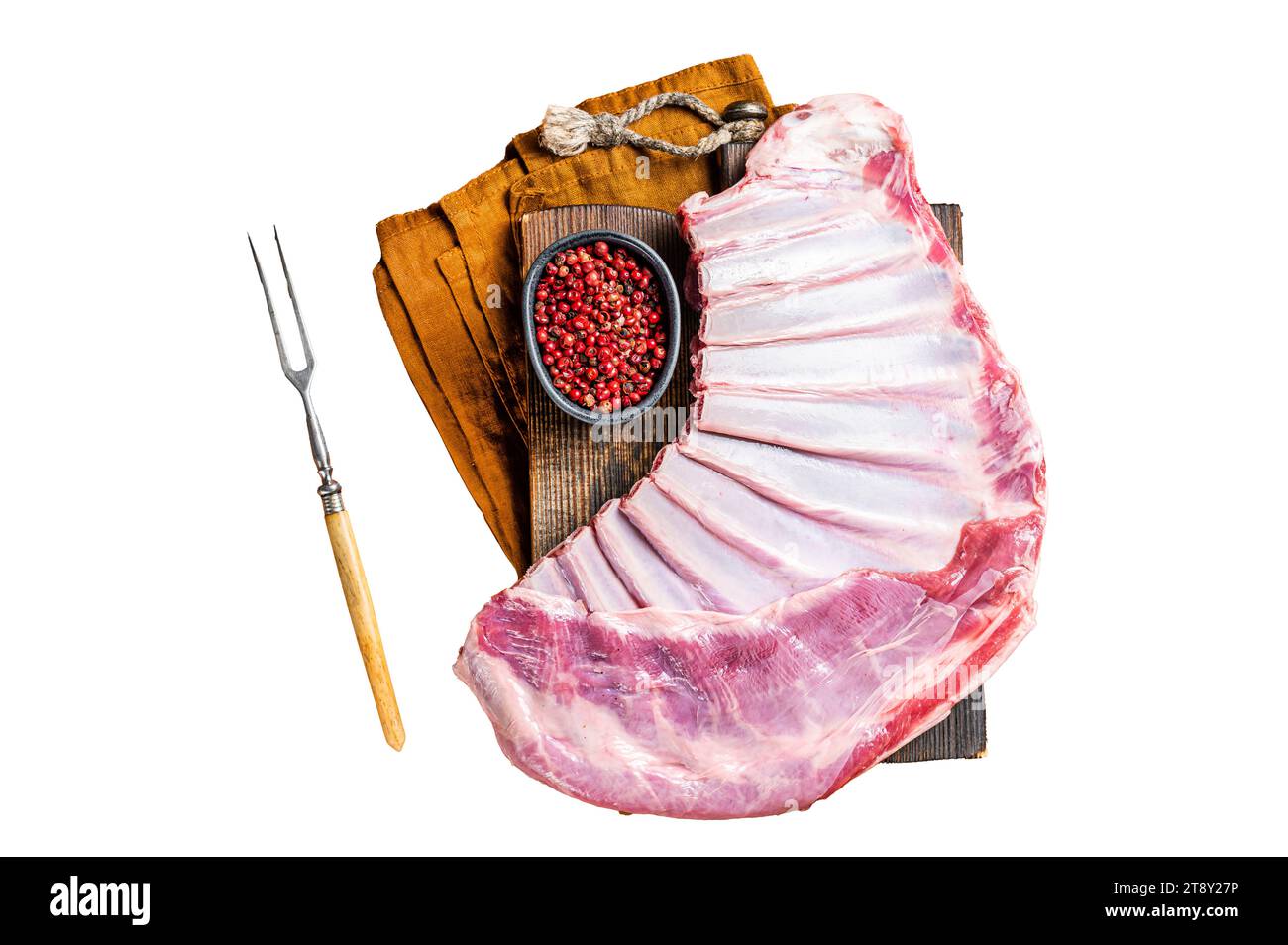 Raw rack of lamb mutton ribs on butcher board with spices. Isolated ...