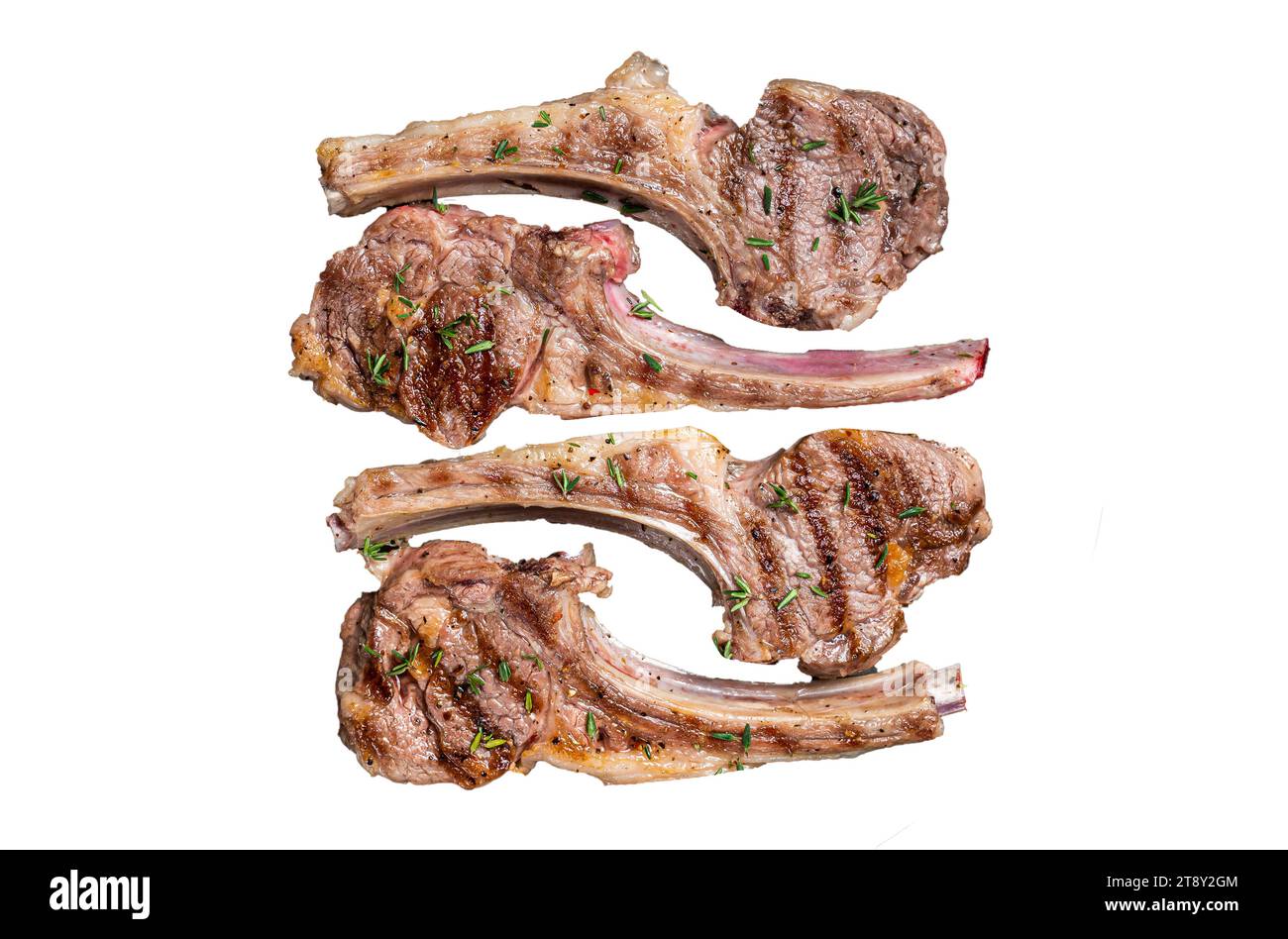 BBQ with Grilled lamb meat chops, mutton steaks with herbs. Isolated ...