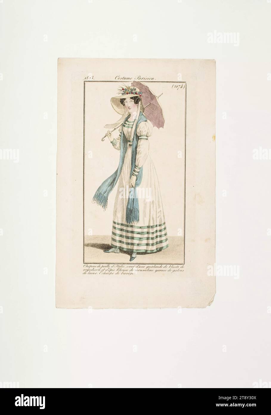 Fashion plate: 'Parisian lady with flower decorated straw hat, umbrella ...
