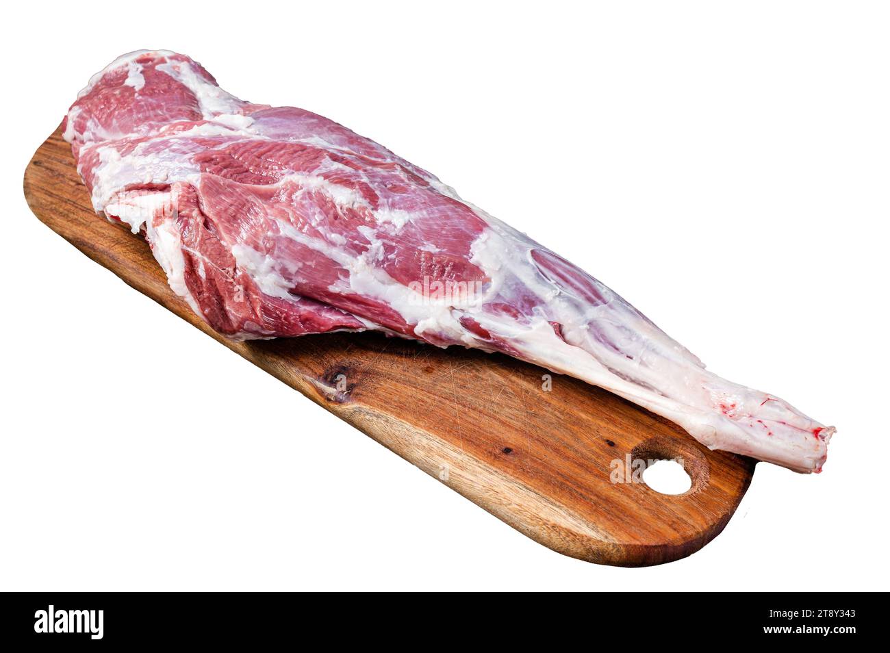 Mutton meat. Raw whole lamb leg thigh on butcher board. Isolated, white ...