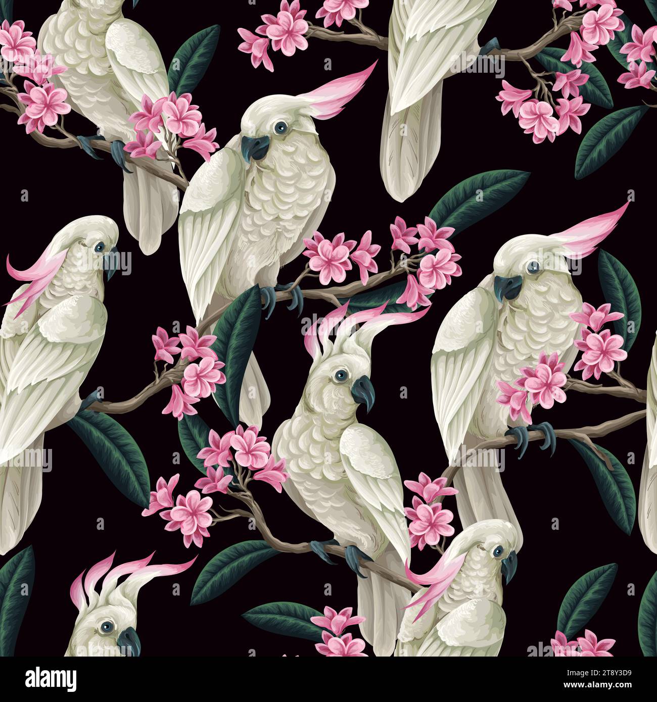 Seamless Pattern With Cockatoo Tropical Leaves And Flowers Vector Stock Vector Image And Art Alamy
