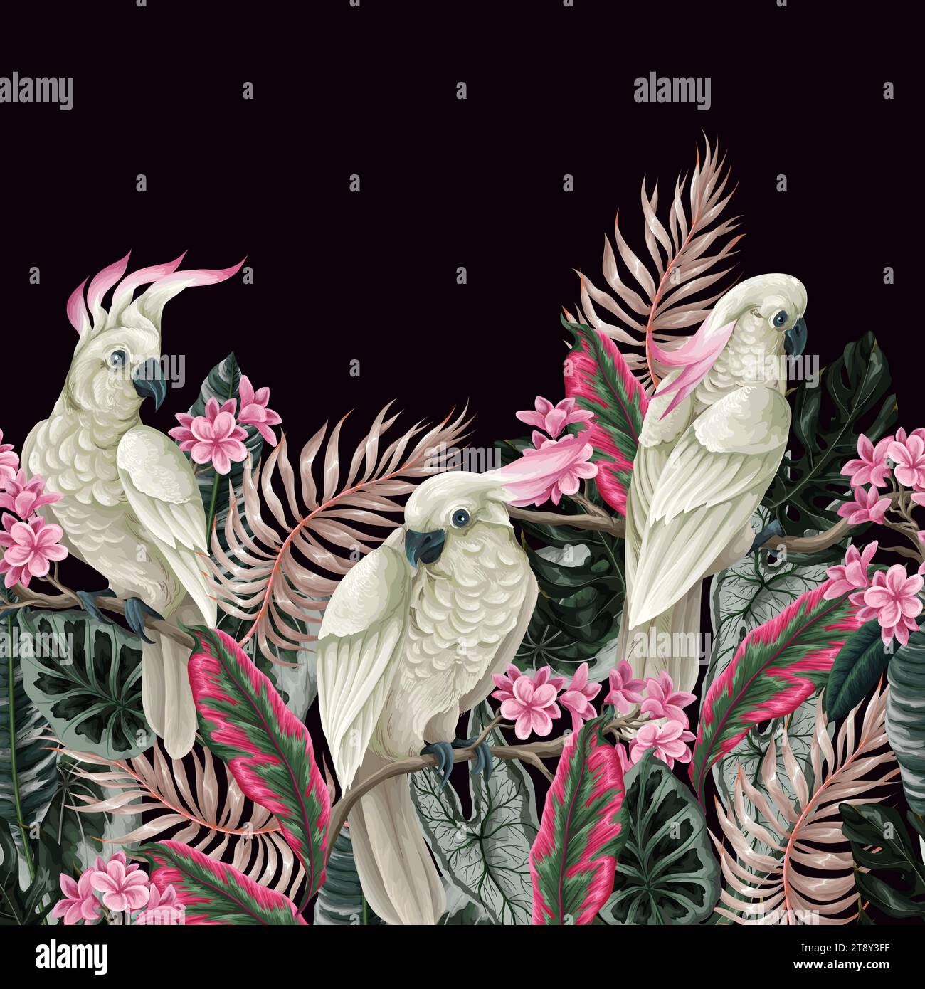 Border with cockatoo, tropical leaves and flowers. Vector Stock Vector ...